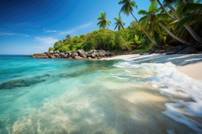 Tropical Beach Scene with Palm Trees and Crystal-clear Water Stock ...
