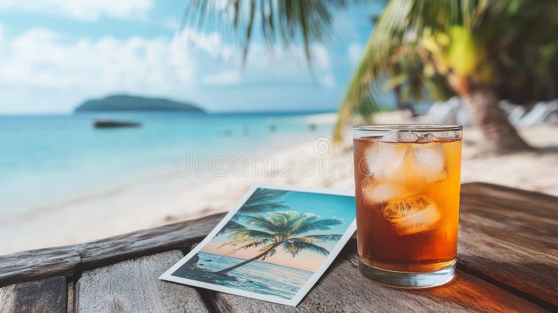 Tropical Beach Scene with Palm Trees, Island, and Refreshing Drink ...
