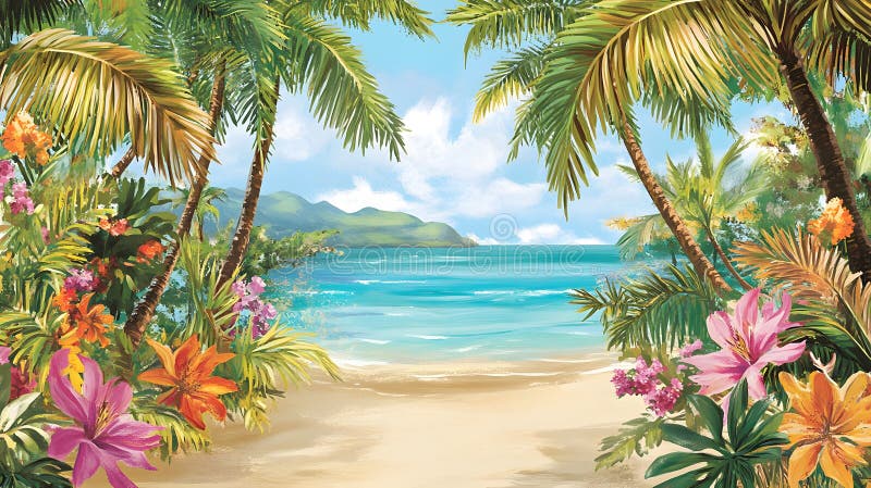 Tropical Beach Scene: Palm Trees, Ocean, Flowers Stock Illustration ...