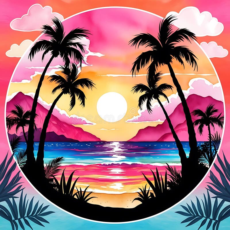 Tropical Beach Scene with Palm Trees and a Sunset in a Circular ...