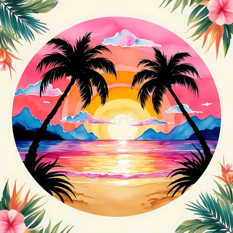 Tropical Beach Scene with Palm Trees and Sunset in a Circular Golden ...