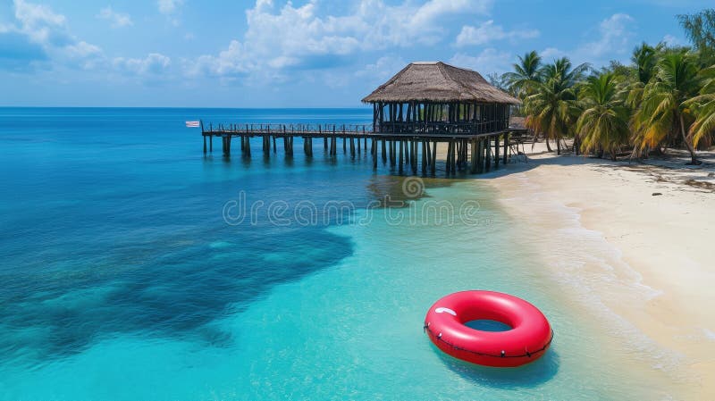 Tropical Beach Scene with Pier, Palm Trees, and Red Inflatable Float ...