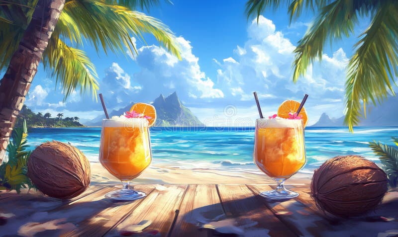 Tropical Beach Scene Refreshing Cocktails Scenic Ocean View Stock ...