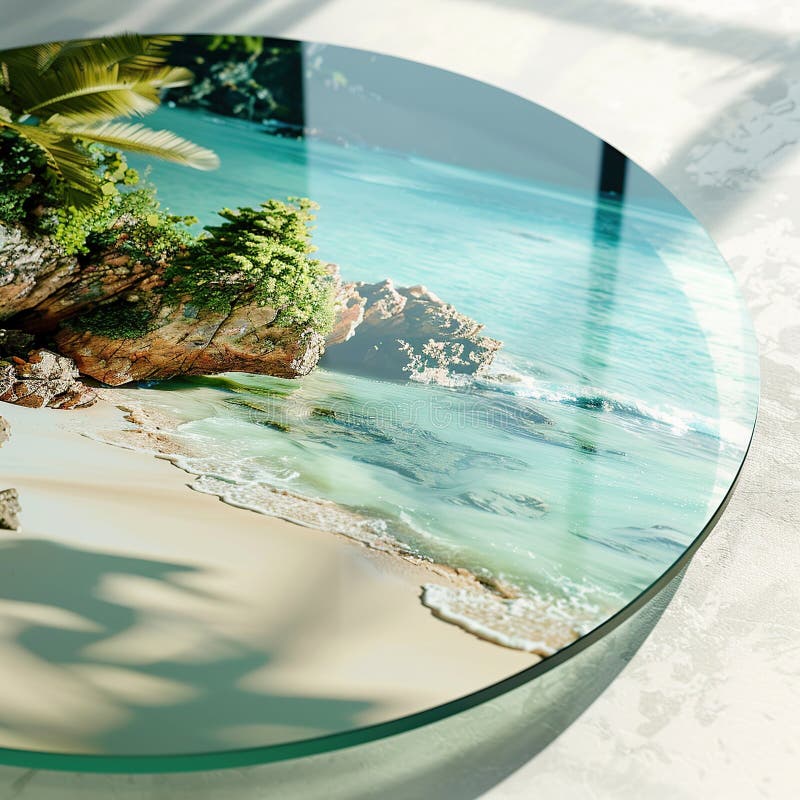 Tropical Beach Scene on a Round Glass Tabletop Stock Illustration ...