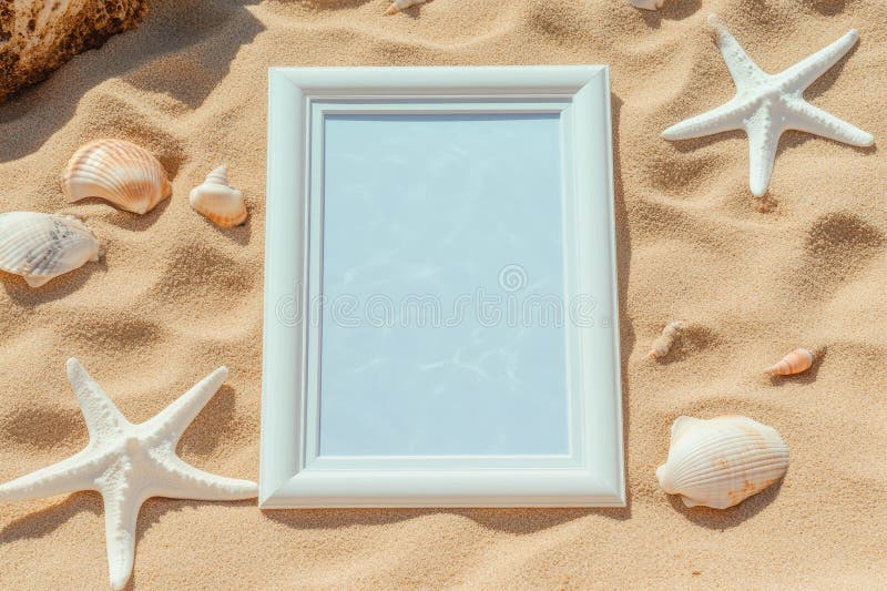 Tropical Beach Scene Seashells White Frame Summer Display Design Stock ...