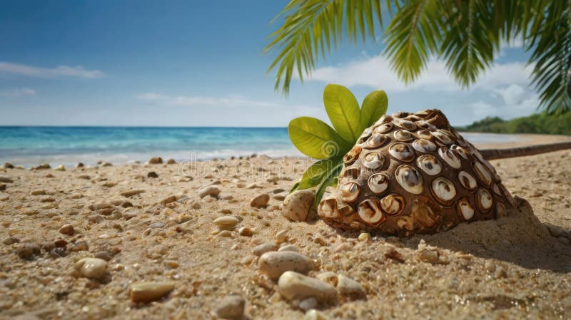Tropical Beach Scene with Shells and Palm Leaves. AI Generated. Stock ...