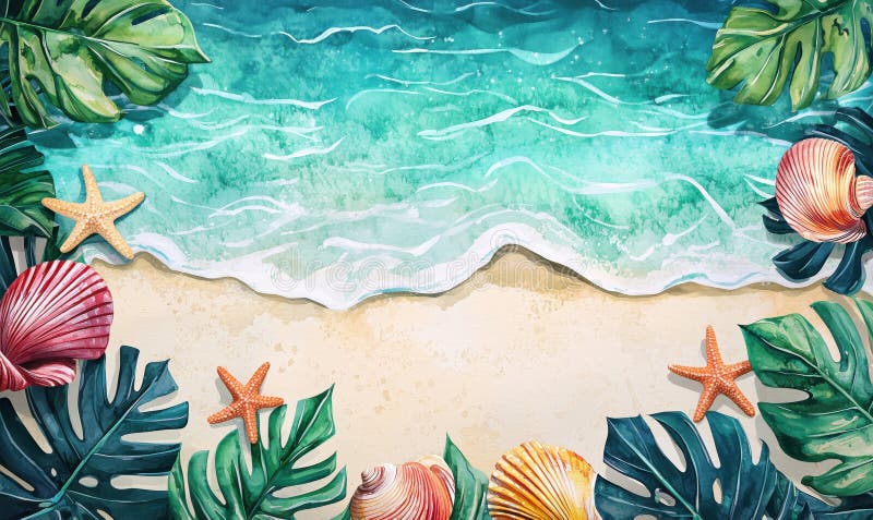 Tropical Beach Scene Shells Starfish Lush Green Leaves Stock Photos ...