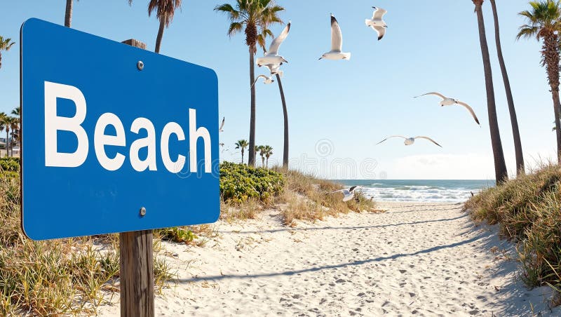 Tropical Beach Scene with Beach Sign Palm Trees and Flying Seagulls ...
