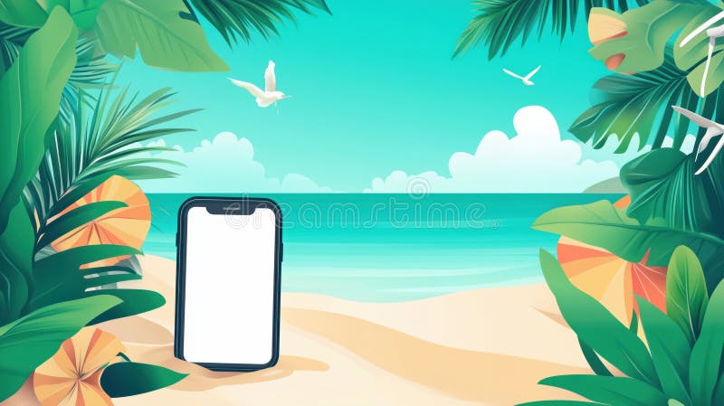 Tropical Beach Scene with Smartphone, Palm Leaves, Ocean, and Clouds ...