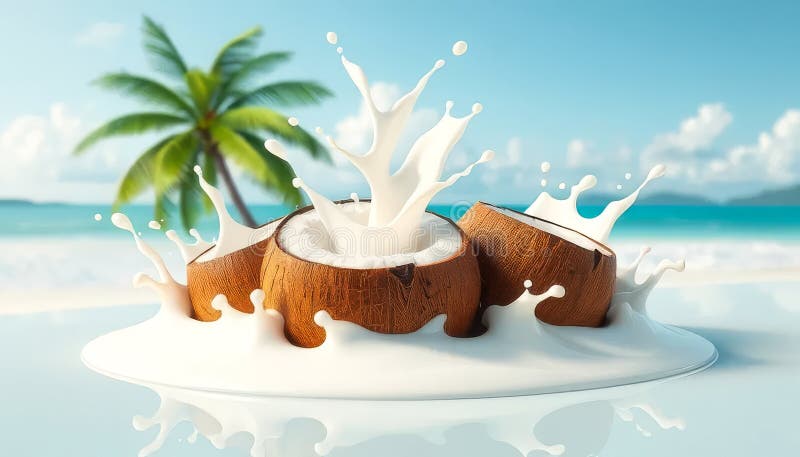Tropical Beach Scene with a Splash of Milk and Three Coconuts Stock ...
