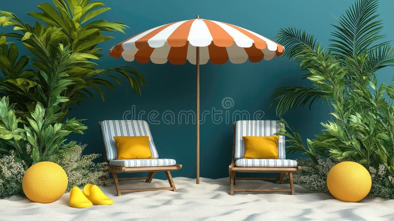 Tranquil Beach Scene Lounge Chairs Umbrella Tropical Foliage Stock ...