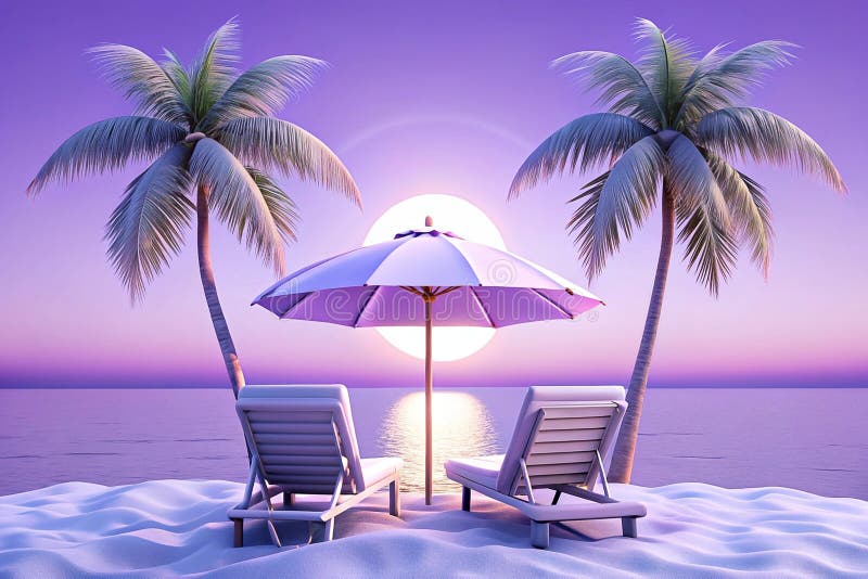 Tropical Beach Scene at Sunset with Lounge Chairs and Umbrella Stock ...