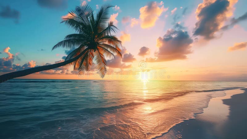 Tropical Beach Scene at Sunset with Palm Tree Tropical Beach Stock ...