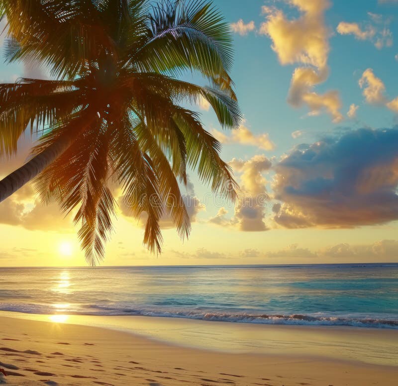 Tropical Beach Scene at Sunset with Palm Tree Tropical Beach Stock ...