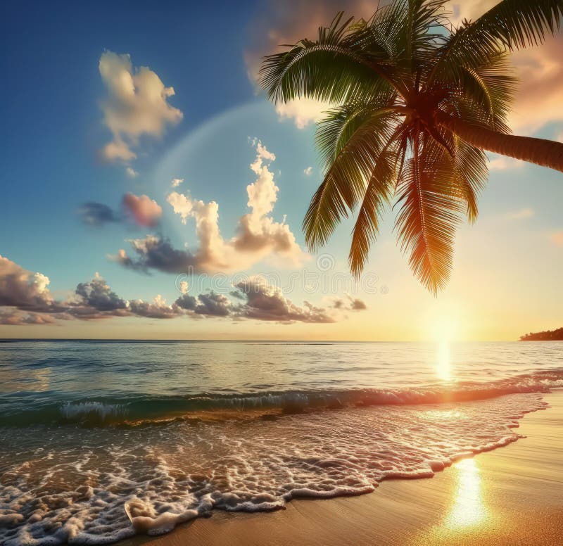 Tropical Beach Scene at Sunset with Palm Tree Tropical Beach Stock ...