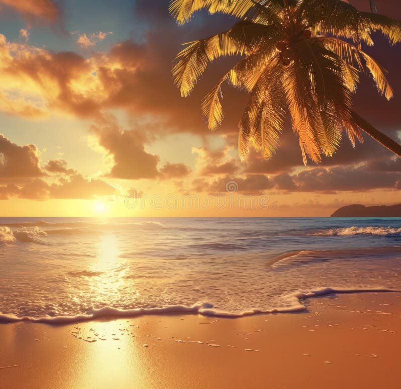 Tropical Beach Scene at Sunset with Palm Tree Tropical Beach Stock ...
