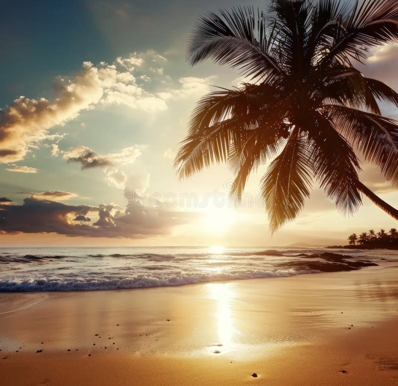 Tropical Beach Scene at Sunset with Palm Tree Tropical Beach Stock ...