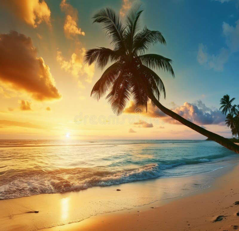 Tropical Beach Scene at Sunset with Palm Tree Tropical Beach Stock ...