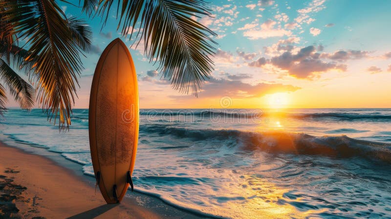 Tropical Beach Scene with a Surfboard and Beautiful Sunrise Light among ...