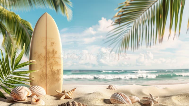 Tropical Beach Scene with Surfboard and Seashells Stock Illustration ...