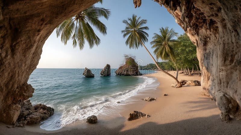 Tropical Beach Scene Viewed through a Cave Opening Stock Illustration ...