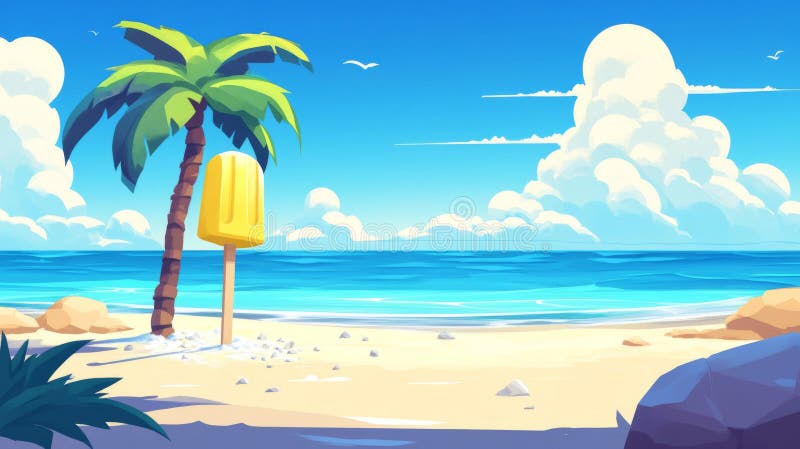 Tropical Beach Scene with Yellow Popsicle and Palm Tree Stock ...
