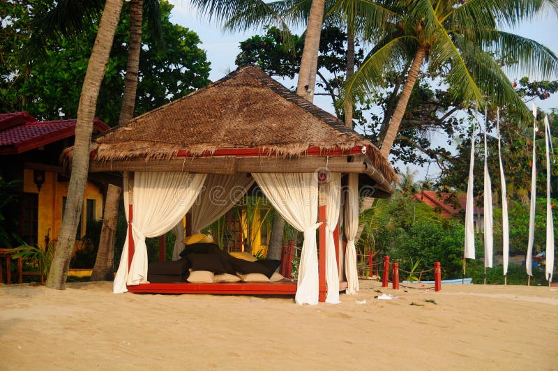 Tropical Beach Setting with Coconut Trees, Hut and Bed. Stock Photo ...