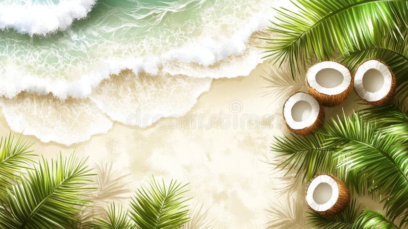 A Tropical Beach Setting Featuring Four Coconuts and Palm Fronds Stock ...