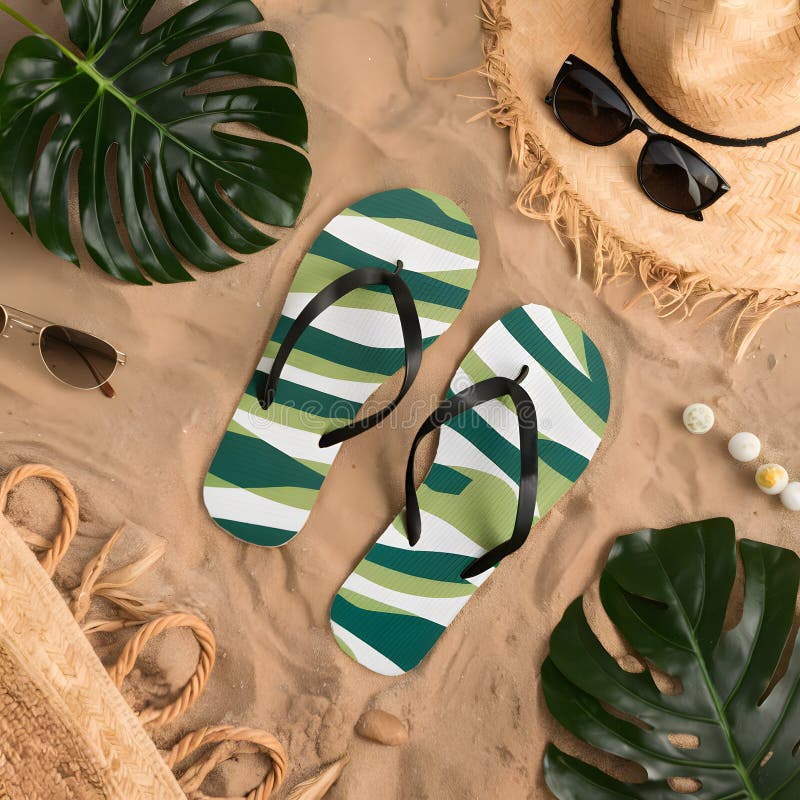 Tropical Beach Setting with Monstera Leaf, Flip Flops, Sunglasses ...