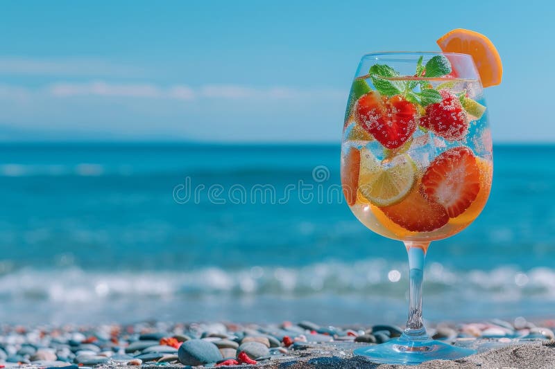 Tropical Beach Setting With A Refreshing Summer Fruit Cocktail In A