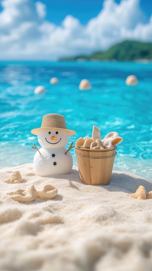 Tropical Beach Snowman with Straw Hat and Seashells Stock Photo - Image ...