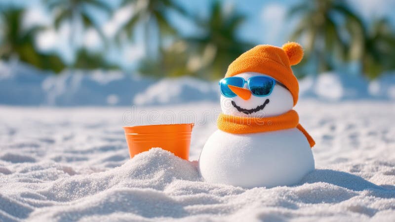 Tropical Beach Snowman with Sunglasses and Orange Hat Under Palm Trees ...