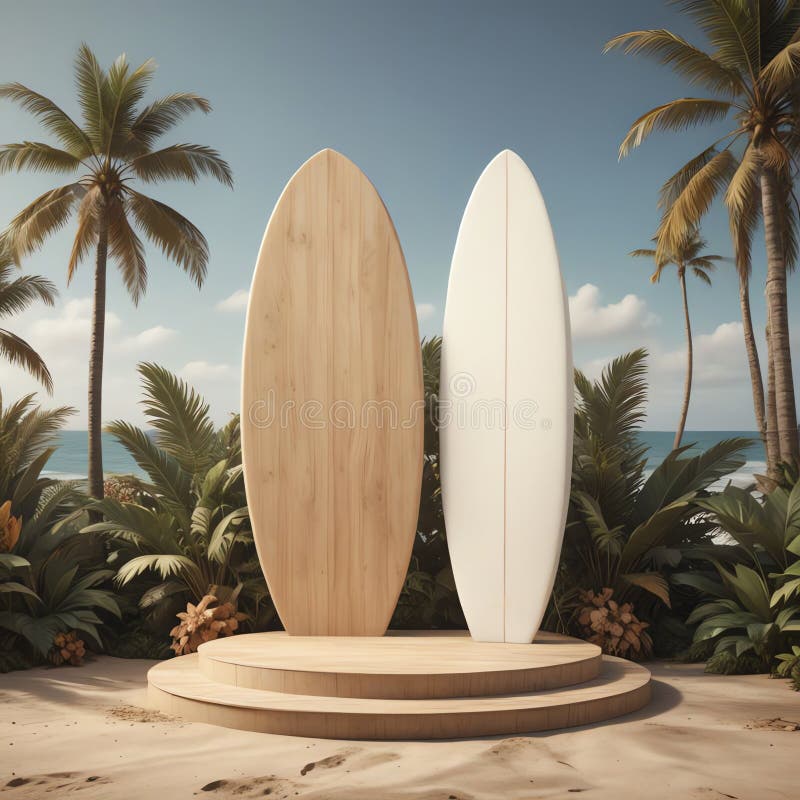 Tropical Beach Stage Product Showcase Mockup with Surfboard Decoration ...
