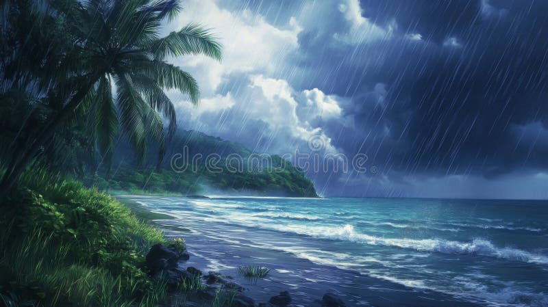 Tropical Beach Storm: Dark Clouds, Rain, and Waves Stock Illustration ...