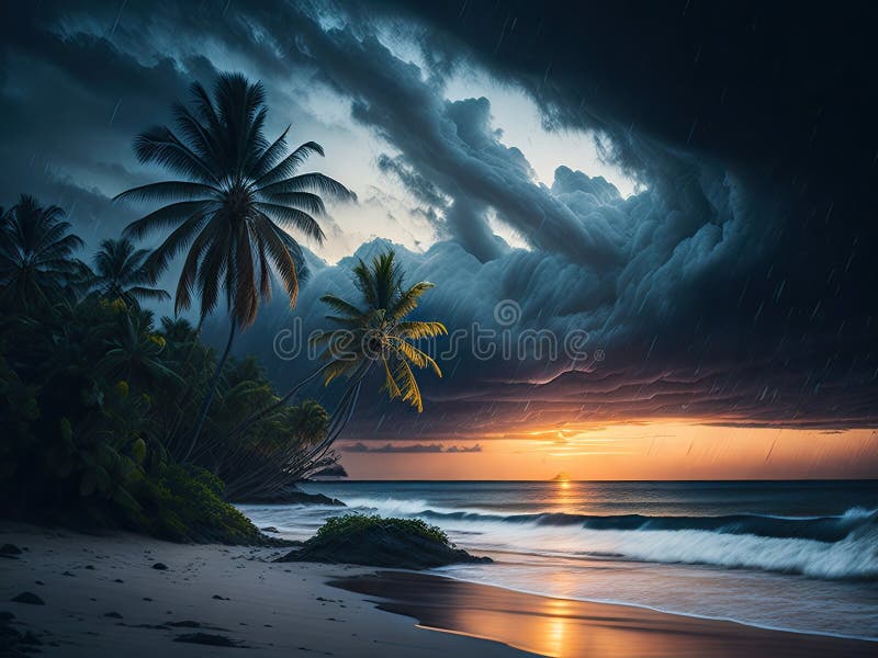Tropical Beach in a Storm Watercolor. Ai Generative Stock Illustration ...