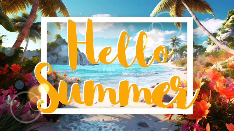 Hello Summer Lettering on a Tropical Beach Background with Palms and ...
