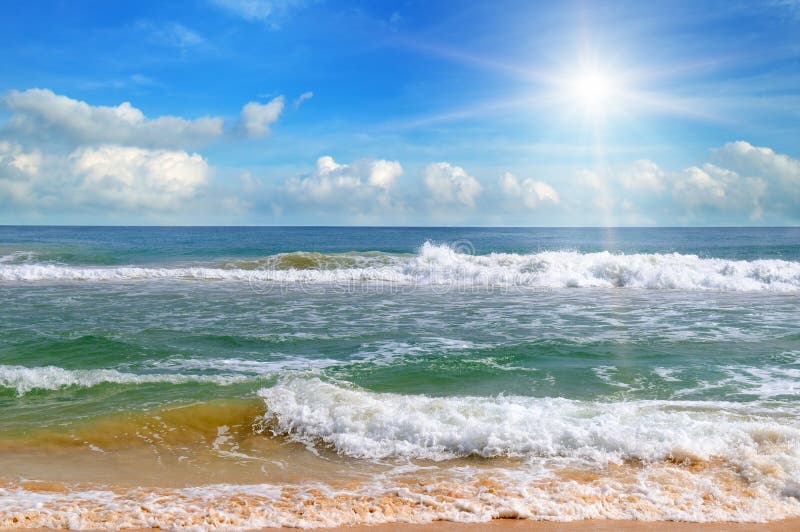 Tropical Beach and Sun on Blue Sky Stock Photo - Image of blue, outdoor ...