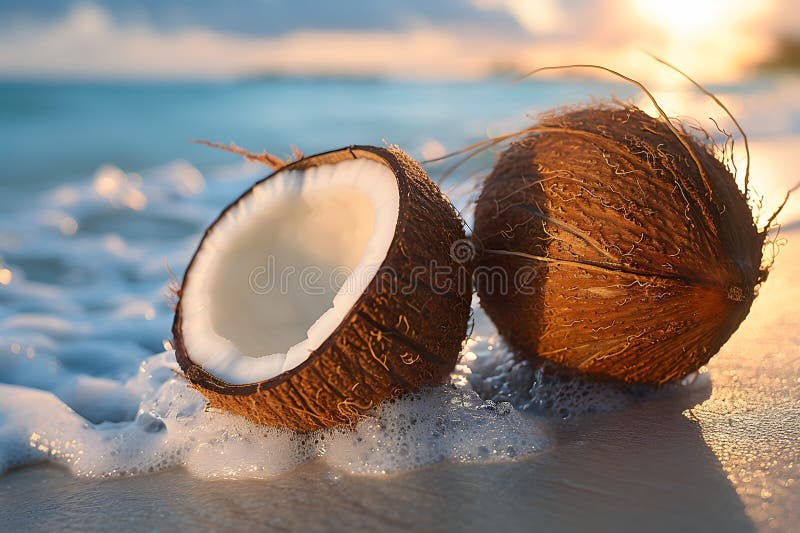 Tropical Beach Sunrise with Fresh Coconuts in Ocean Foam, Generative AI ...