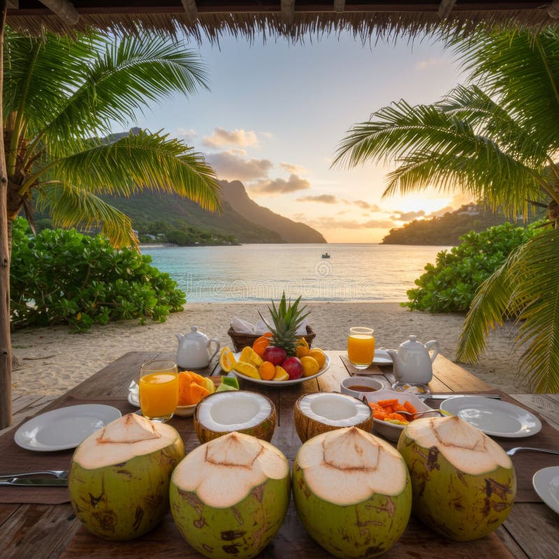 Tropical Beach Sunset Breakfast with Fresh Fruits Stock Illustration ...