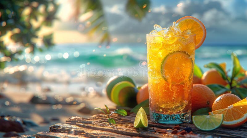 Tropical Beach Sunset Cocktail - Generative Ai Stock Illustration ...