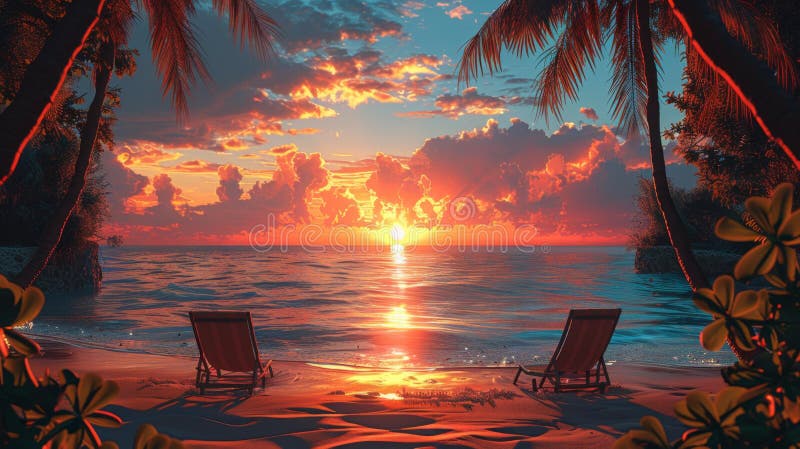 Tropical Beach Sunset with Deck Chairs - Generative Ai Stock Illustration - Illustration of ...