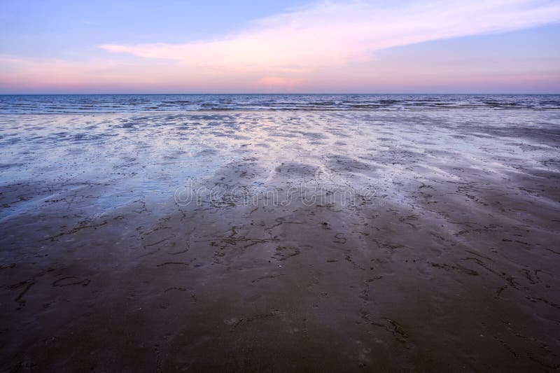 Tropical Beach Sunset during Ebb Time. Sea Water Low Tide Stock Photo ...