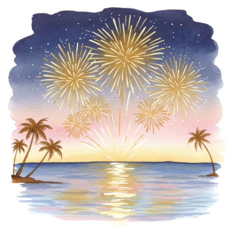 Tropical Beach Sunset Fireworks Display Stock Illustration ...