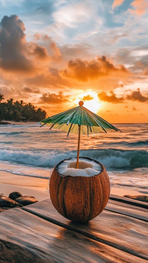 Tropical Beach Sunset with Fresh Coconut Drink and Mini Umbrella Stock ...