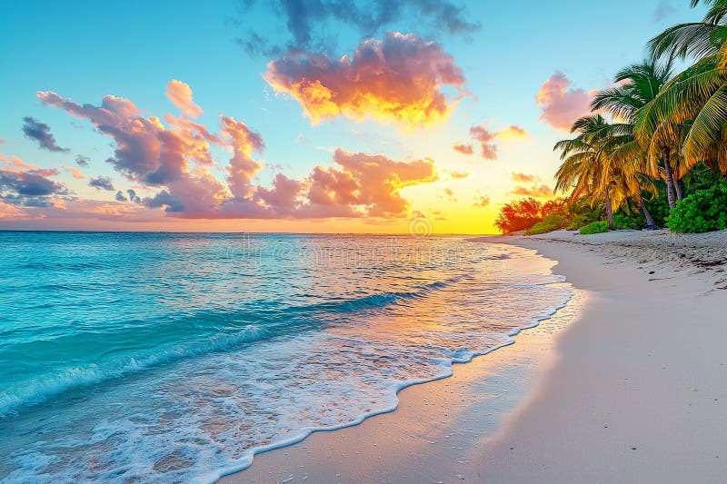 Tropical Beach with Sunset Glow Scenic Horizon. Stock Illustration - Illustration of outdoors ...
