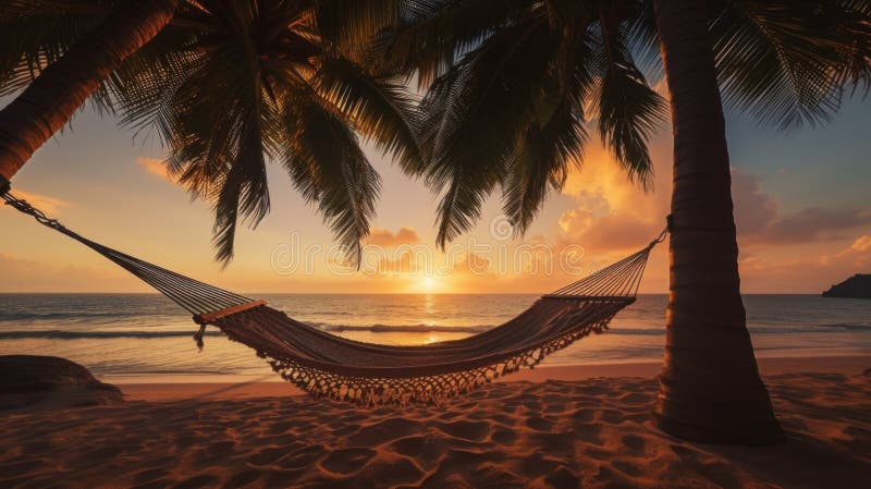 A Tropical Beach At Sunset With A Hammock Under A Palm Tree Generative Ai Stock Illustration