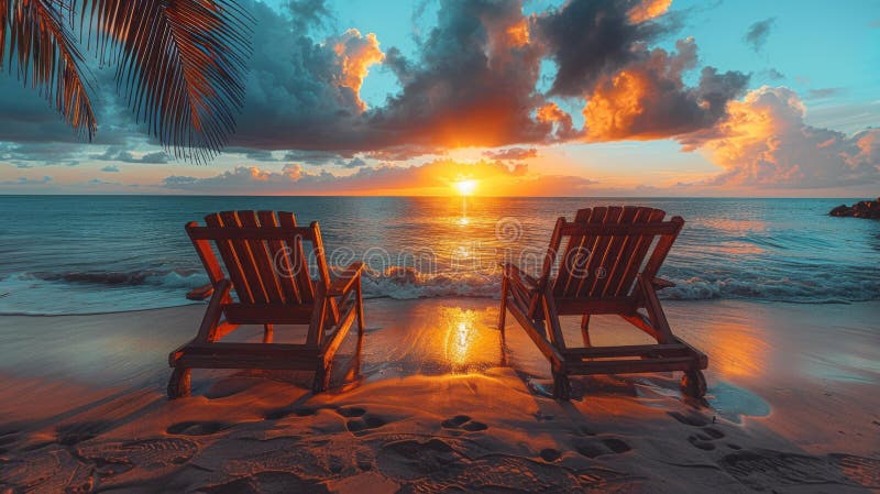 Tropical Beach Sunset with Lounge Chairs - Generative Ai Stock Illustration - Illustration of ...