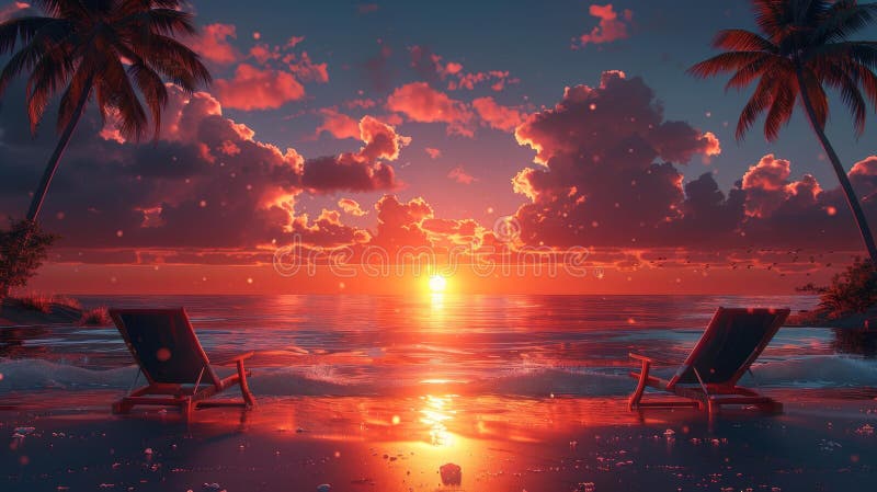 Tropical Beach Sunset with Lounge Chairs - Generative Ai Stock Illustration - Illustration of ...