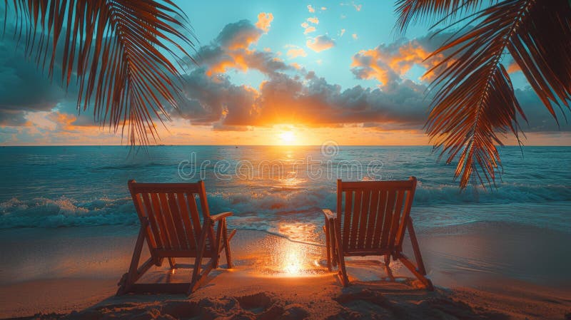 Tropical Beach Sunset with Lounge Chairs - Generative Ai Stock ...