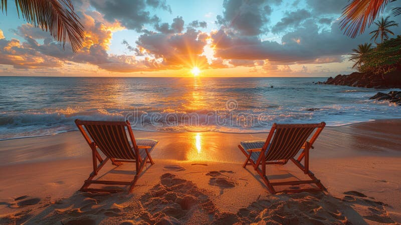 Tropical Beach Sunset with Lounge Chairs - Generative Ai Stock ...